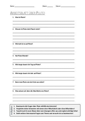 Arbeitsblatt zum Thema "Pluto" | Unterricht.Schule